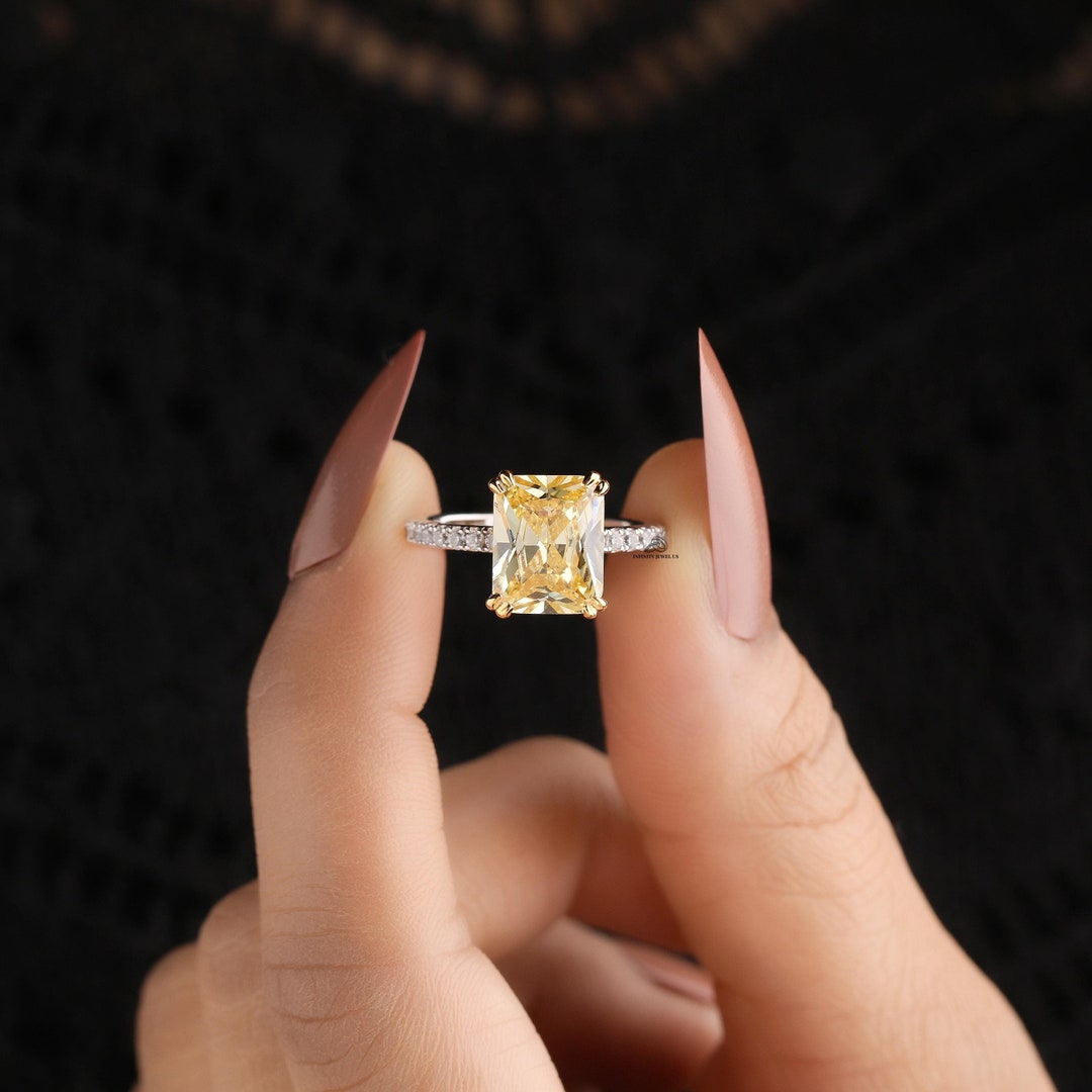 3 CT Canary Yellow Radiant Cut Engagement Ring, Solitaire With Accent ...