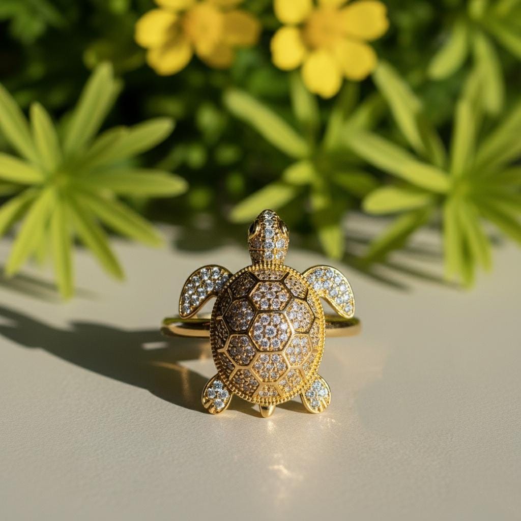 Turtle Animal Inspired Ring, Round Moissanite Panther Ring, Tortoise ...