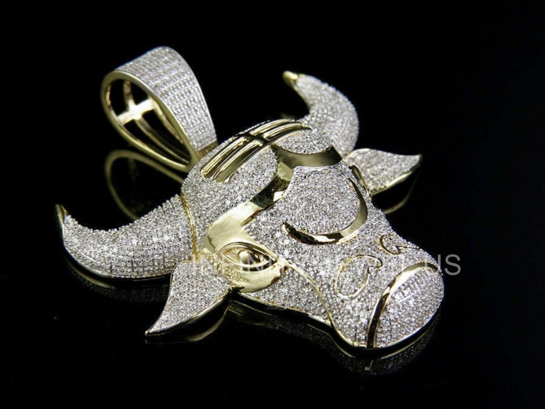 Iced Out Cow's Head Pendant, Men's Yellow Gold Finish Fully Iced Out ...