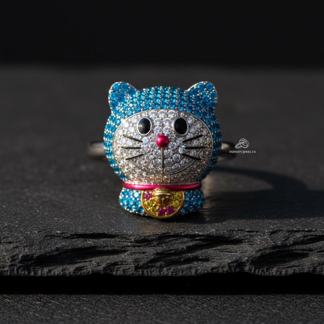 Cute Doraemon Ring, Blue Crystal Micro Pave Cat Charm Ring, Rhinestone ...