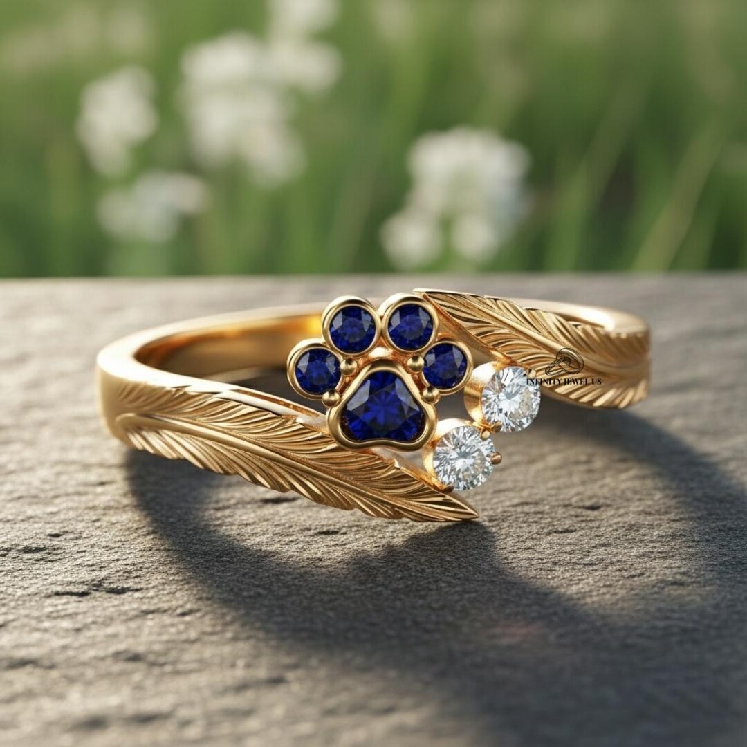 Customize Gemstone Pet Paw Band, Blue Sapphire Round Cut Animal Tribute ...