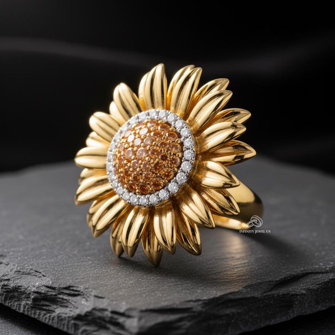 Floral Sunflower Ring, Citrine Yellow Round Cut Cocktail Party Ring ...
