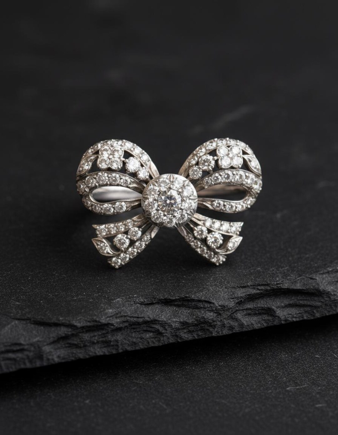 Vintage Diamond Bow Ring in 14K Gold, Art Deco Inspired Diamond ...