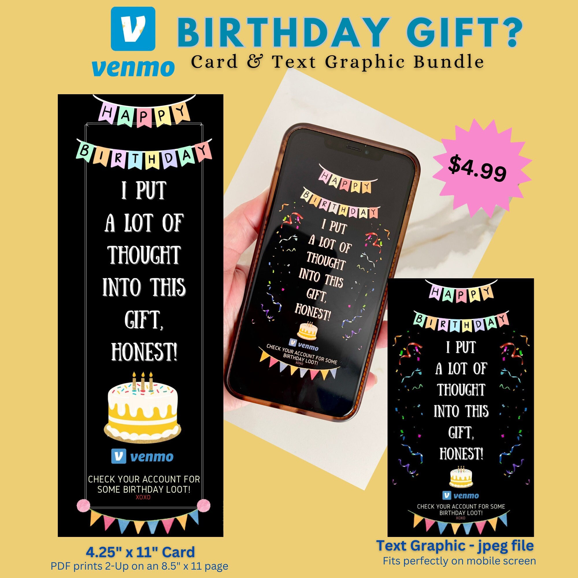 Venmo Birthday Card & Text, Digital Money Gift (PDF) - Etsy