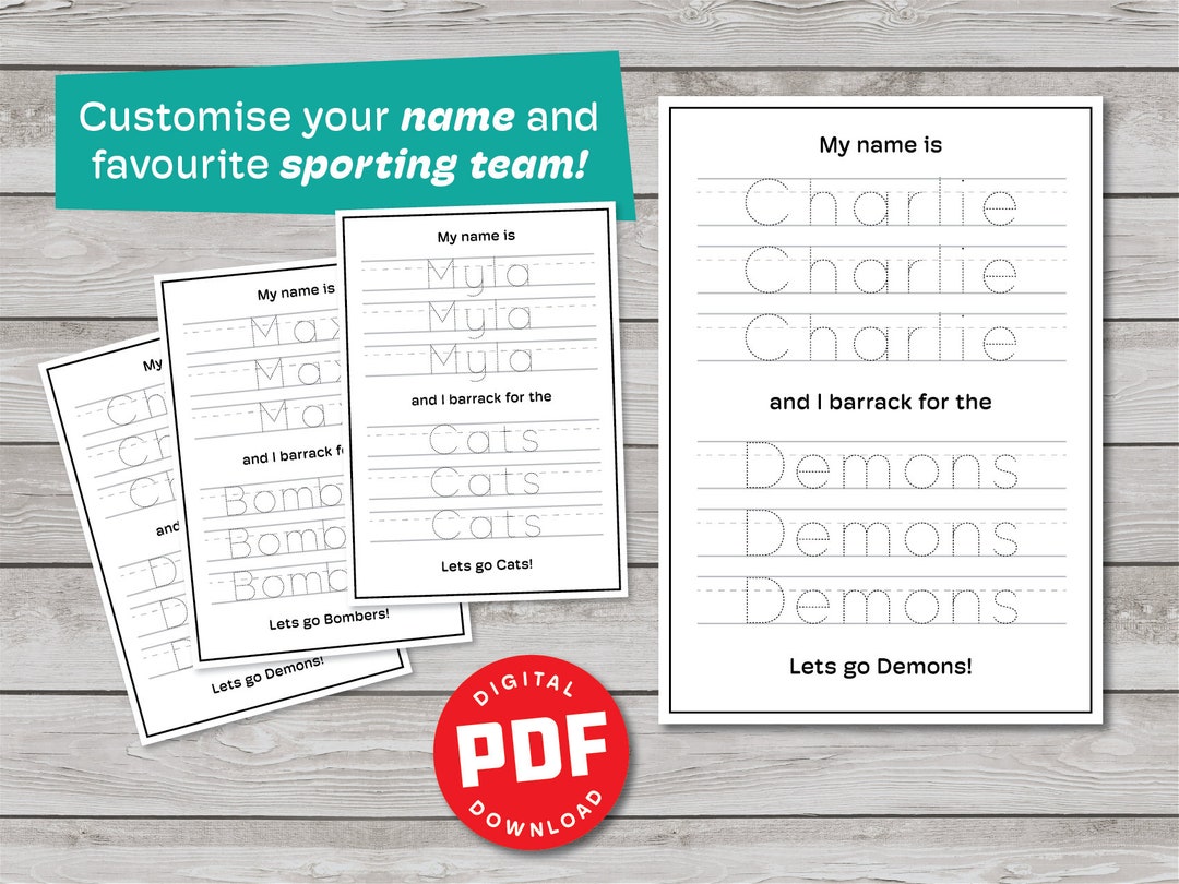 Custom Name & Favourite Sporting Team Trace Worksheet **digital File ...