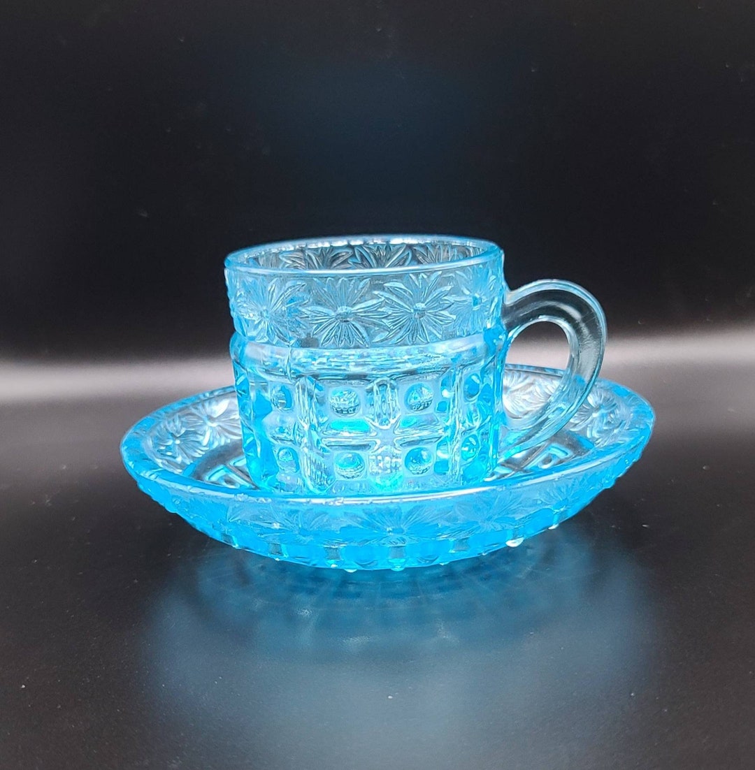 EAPG Findlay Glass Blue Daisy Band Cup & Saucer Ohio Columbia Glass ...