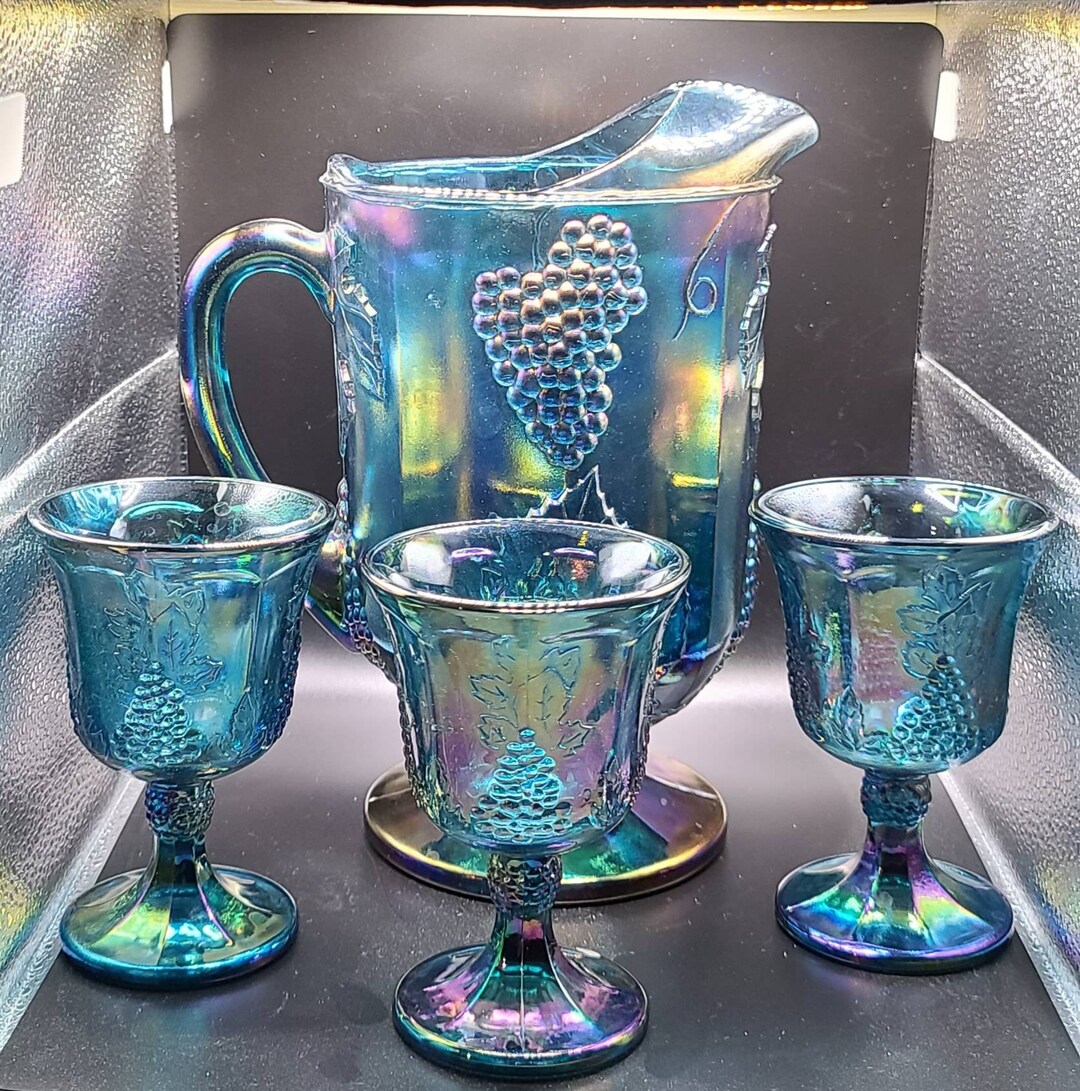 Indiana Glass Carnival Glass Pitcher and Goblets Grapes and Leaves ...
