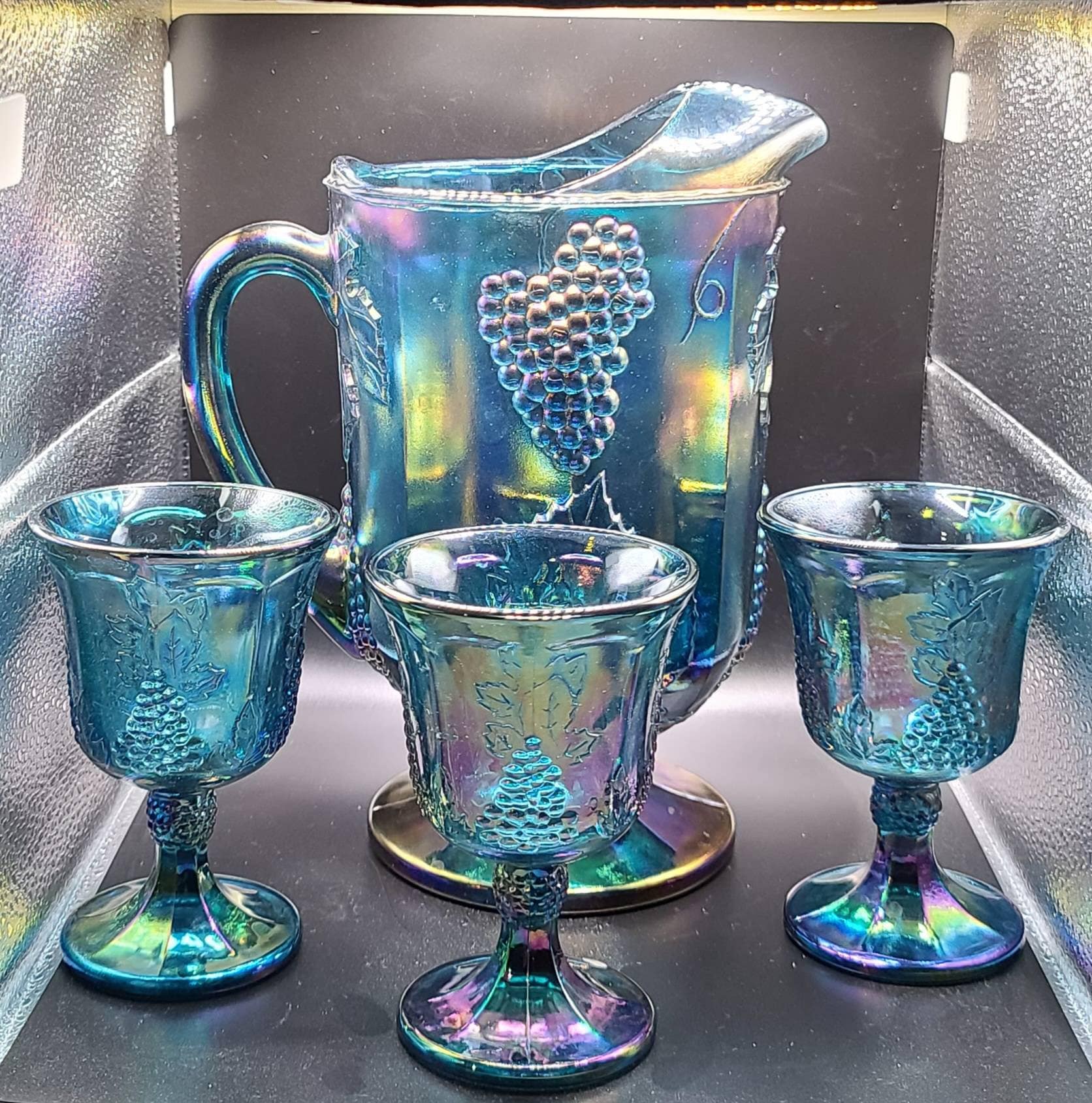 Indiana Glass Carnival Glass Pitcher and Goblets Grapes and Leaves ...