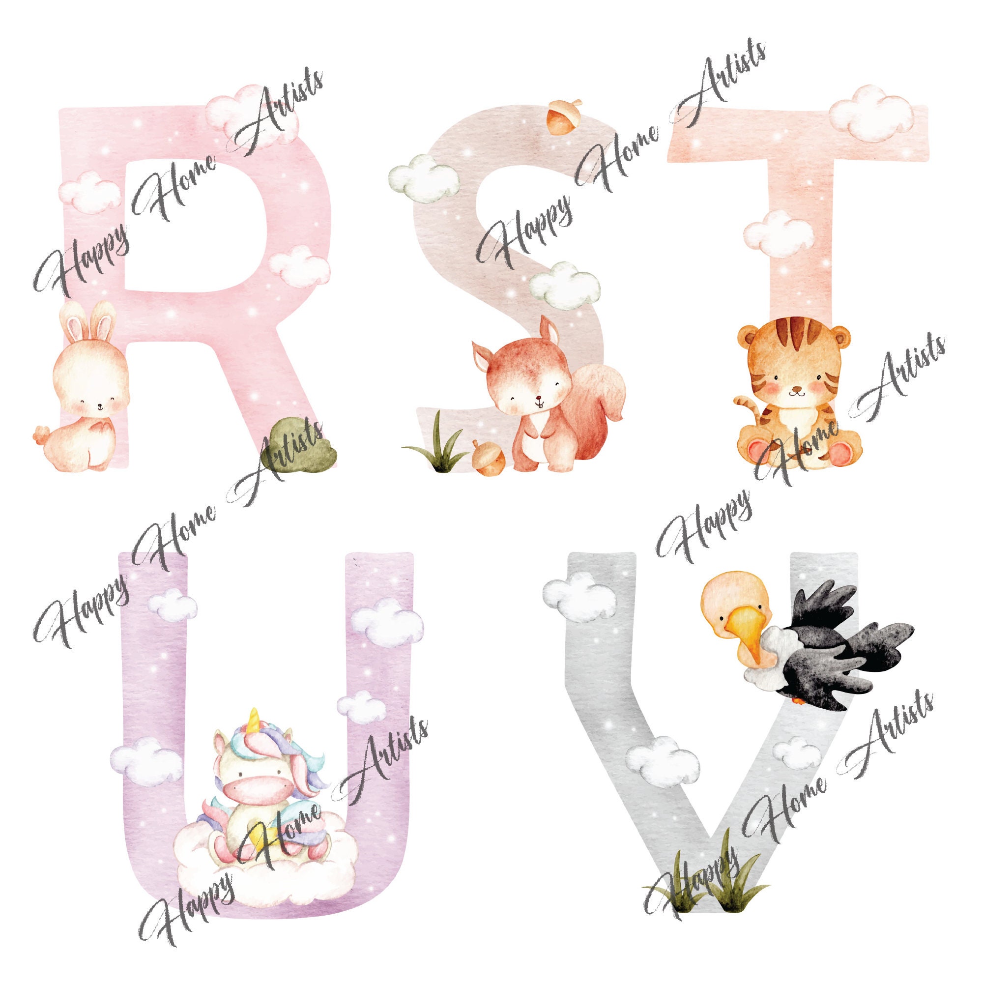 Watercolor Animal Alphabet Clipart, Animal Letters, Sublimation Design ...