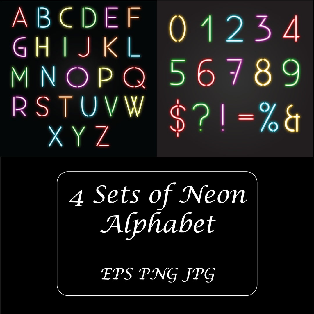 4 Sets of Neon Alphabet Clipart, Neon Letters, Neon Sublimation Design ...