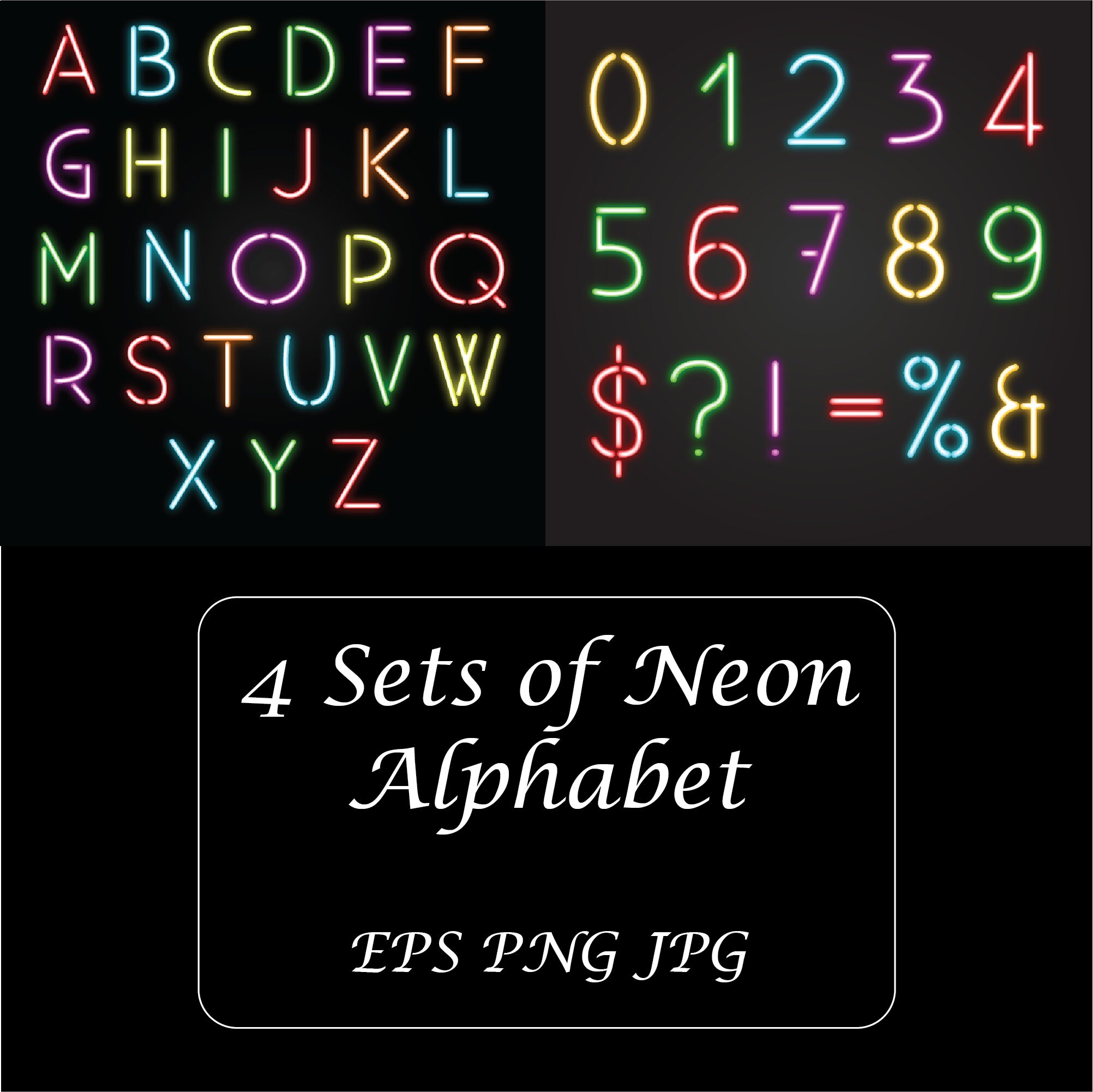 4 Sets of Neon Alphabet Clipart, Neon Letters, Neon Sublimation Design ...