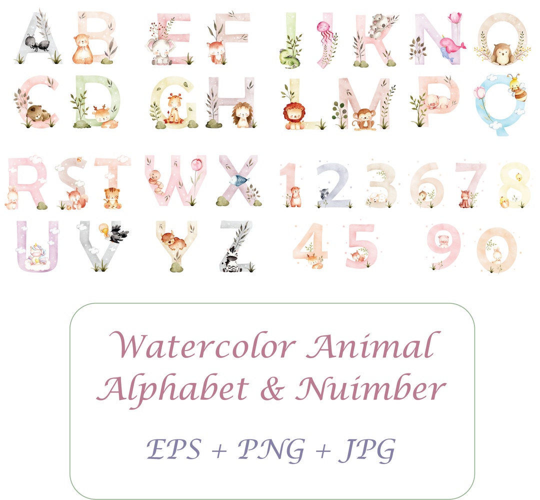 Watercolor Animal Alphabet Clipart, Animal Letters, Sublimation Design ...