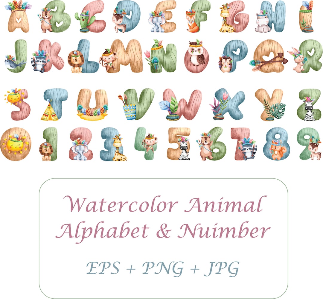 Watercolor Jungle Animal Alphabet Clipart, Animal Letters, Sublimation ...