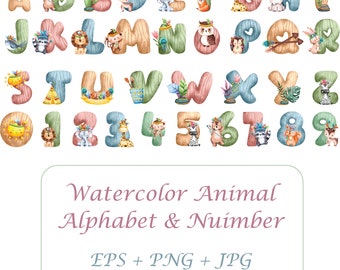 Watercolor Animal Alphabet Clipart, Animal Letters, Sublimation Design ...