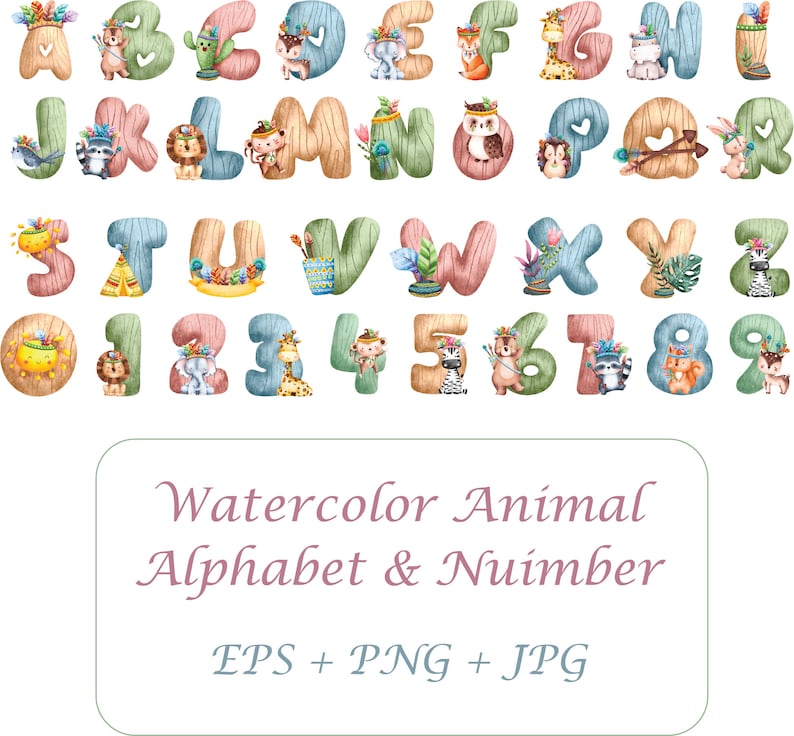 Watercolor Jungle Animal Alphabet Clipart, Animal Letters, Sublimation ...