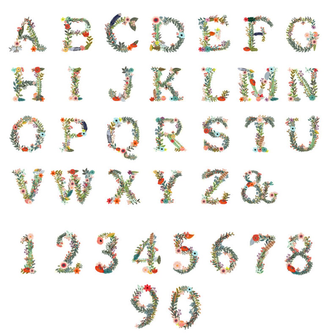 Floral Alphabet & Number Clipart, Letters Clipart, Floral Number ...