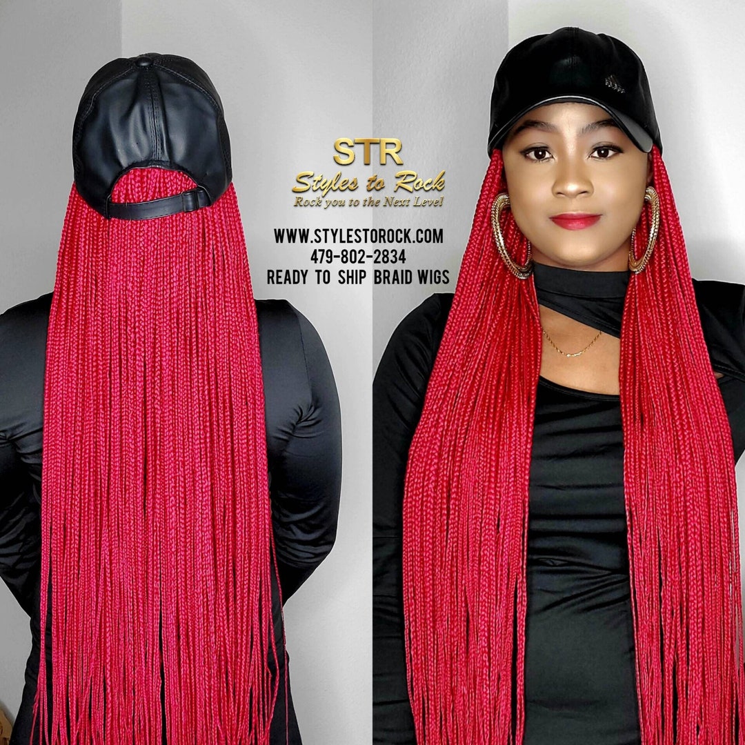 Ready to Ship: Red Braids, Hat Wig, Braided Hat Wig, Box Braids, Hat ...