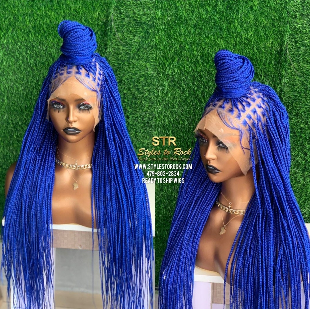 Ready to Ship Full Lace Braided Wig Blue Braids Black Brown Pink Blonde ...