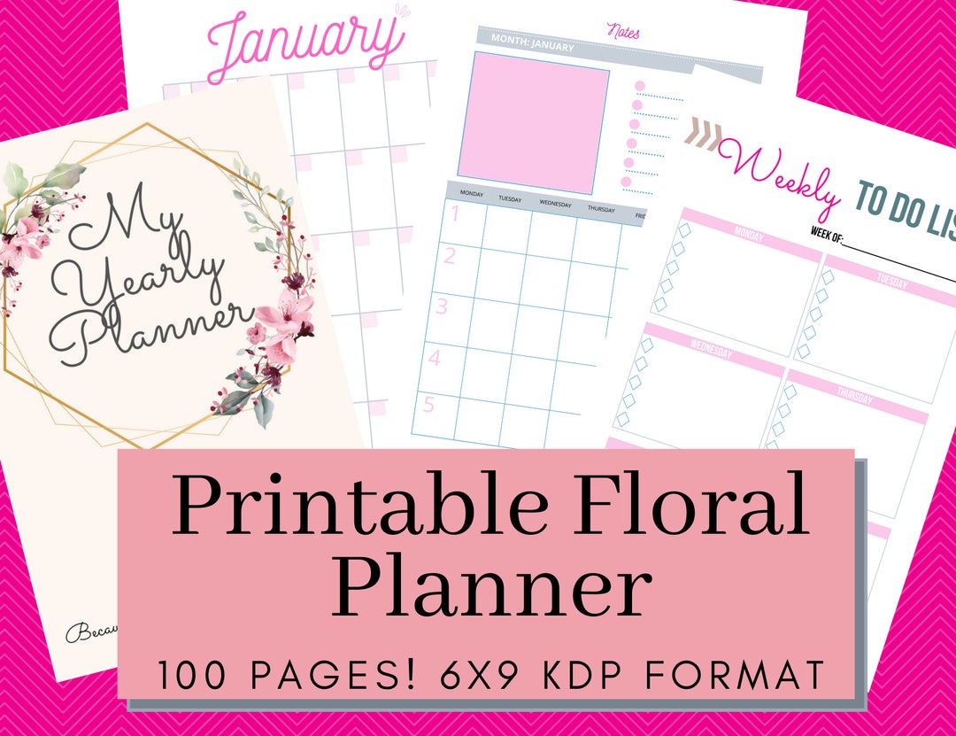 Printable Floral 12 Month Planner, PDF 6x9 KDP Interior - Etsy