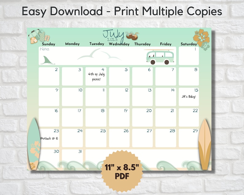 Printable July 2023 Calendar Page - Retro Summer Beach Design to Put ...