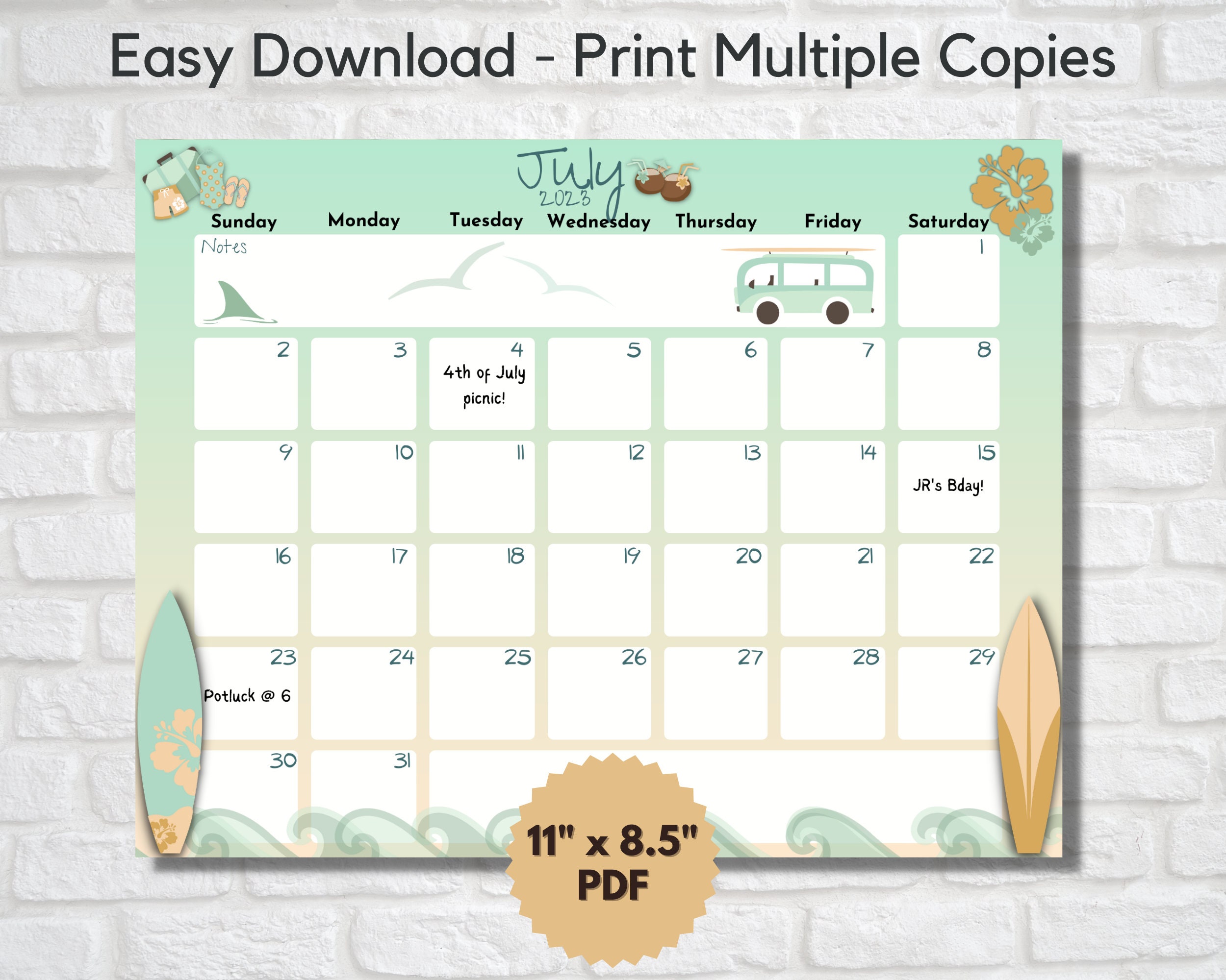 Printable July 2023 Calendar Page - Retro Summer Beach Design to Put ...