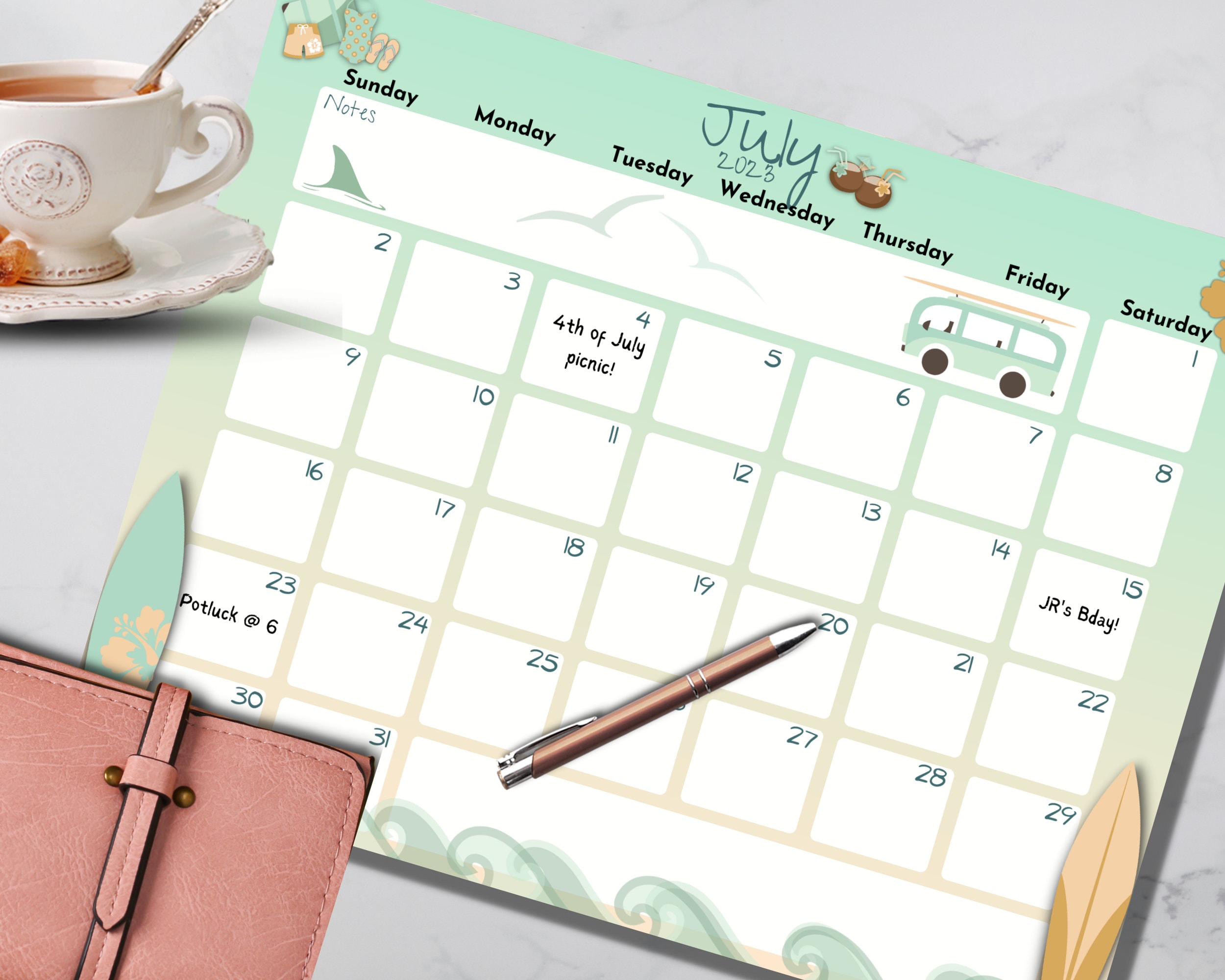 Printable July 2023 Calendar Page - Retro Summer Beach Design to Put ...