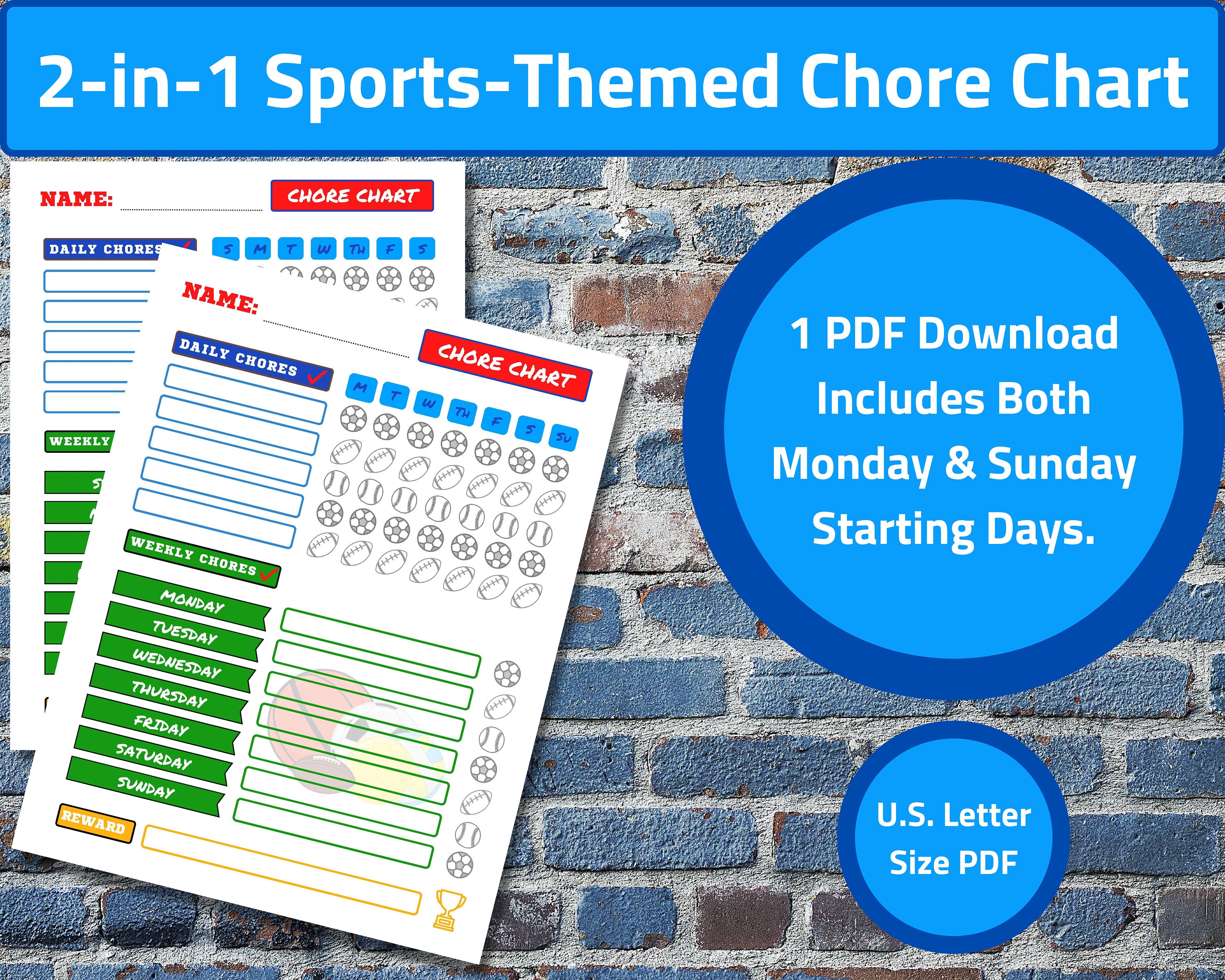 Colorful Sports-theme Chore Chart W/ Both Mon. & Sun. Starts. Help ...