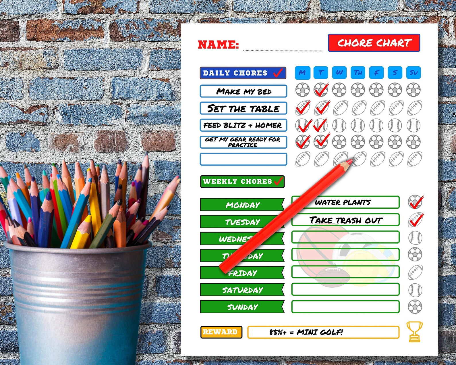 Colorful Sports-theme Chore Chart W/ Both Mon. & Sun. Starts. Help ...