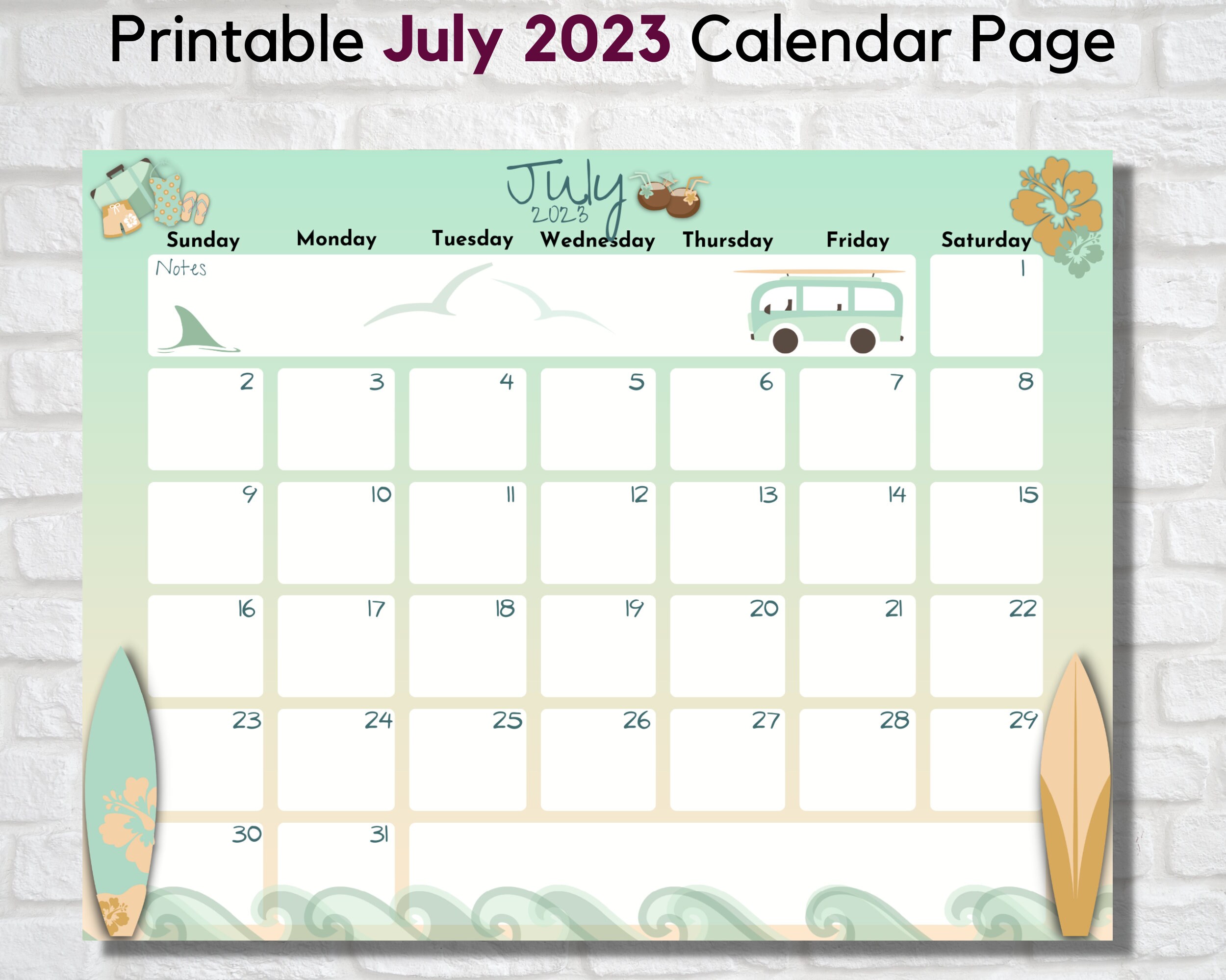 Printable July 2023 Calendar Page - Retro Summer Beach Design to Put ...