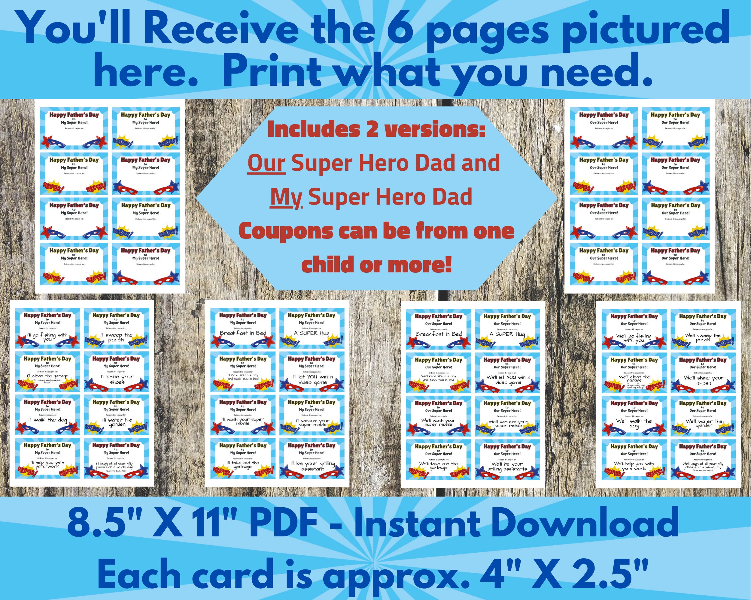 Printable Gift Coupons for Father's Day - Fun Superhero Theme - Instant ...