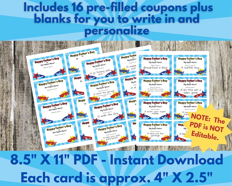 Printable Gift Coupons for Father's Day - Fun Superhero Theme - Instant ...