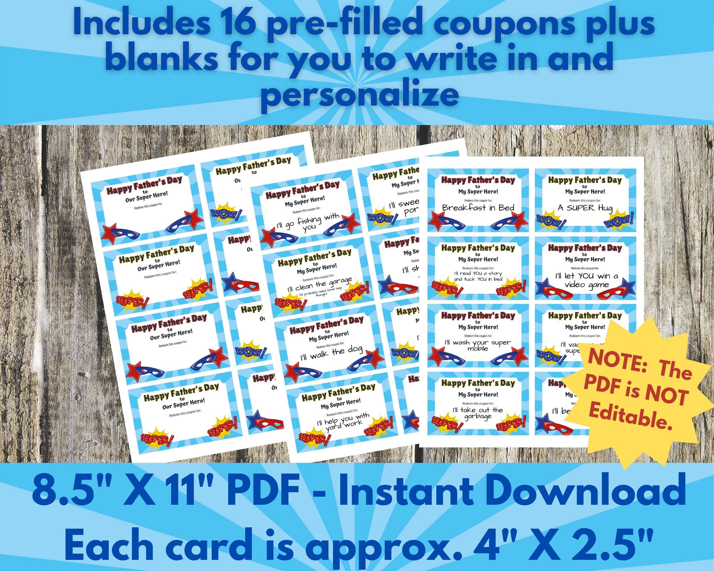Printable Gift Coupons for Father's Day - Fun Superhero Theme - Instant ...