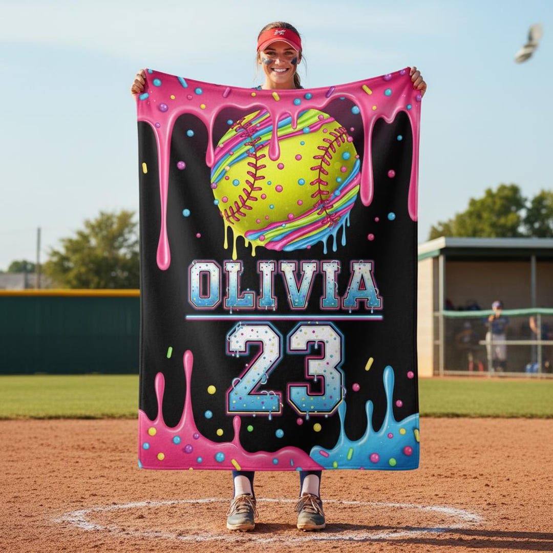 Personalized Softball Ice Cream Drip Blanket, Custom Name & Number ...