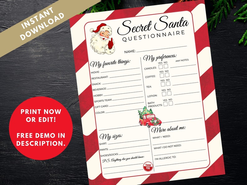 Editable Secret Santa Questionnaire, Secret Santa for Work, Secret ...