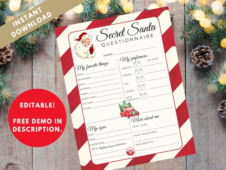 Editable Secret Santa Questionnaire, Secret Santa for Work, Secret ...