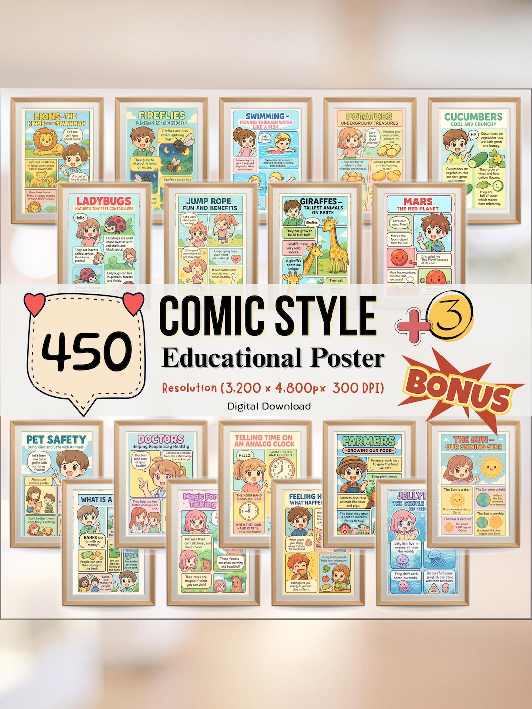 Educational Poster Kids Comic Style Study Kit for Ages 5–10, 450 Learn ...