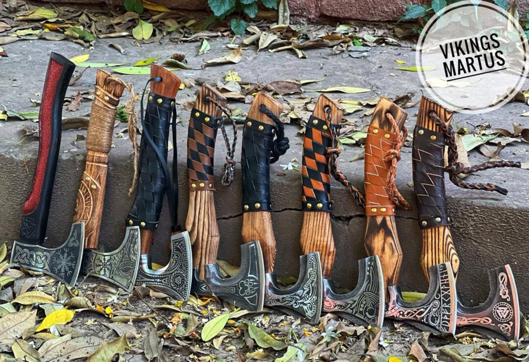 8 Axes Set Vikings Gift Forged Carbon Steel Axe With Engraved Ash Wood ...