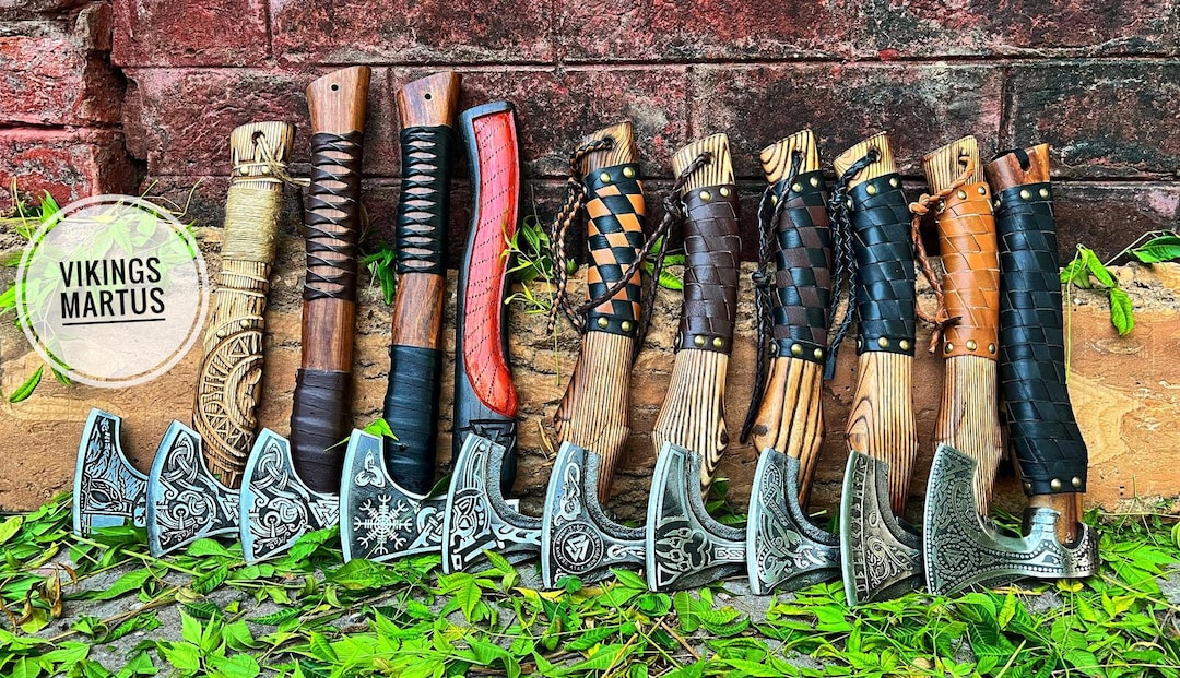 10 Axes Set Handmade Vikings Gift Carbon Steel Axe With Ash Wood Handle, Viking Axe With Sheath ...