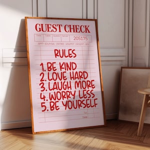 Guest Check House Rules Poster Print, Pink Red Trendy Preppy Aesthetic ...