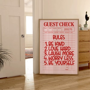 Guest Check House Rules Poster Print, Pink Red Trendy Preppy Aesthetic ...