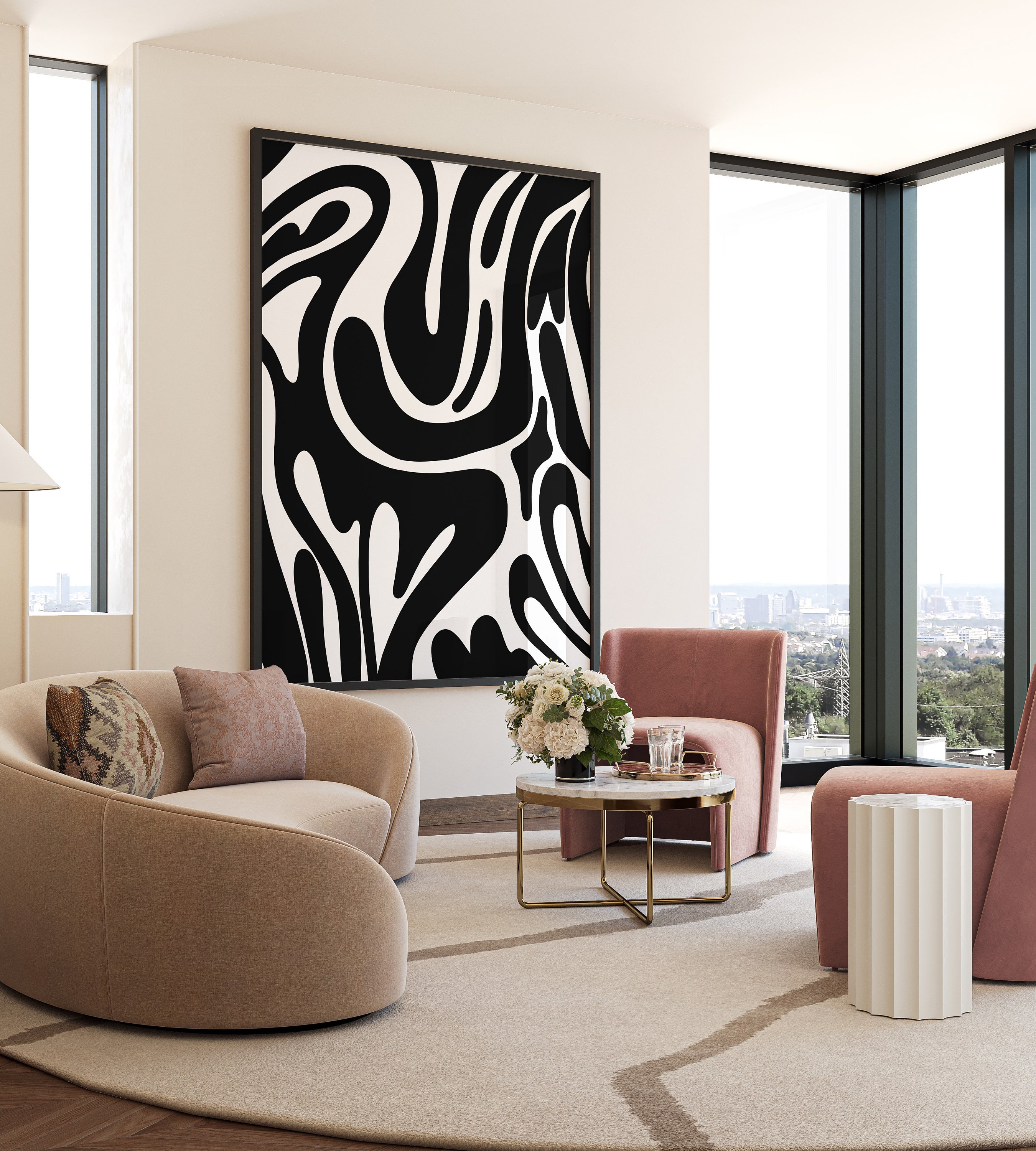 Black and White Abstract Print Retro Trendy Wall Art Funky Groovy ...