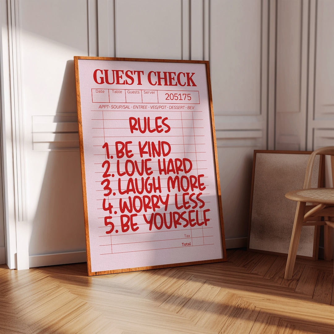 Guest Check House Rules Poster Print, Pink Red Trendy Preppy Aesthetic ...
