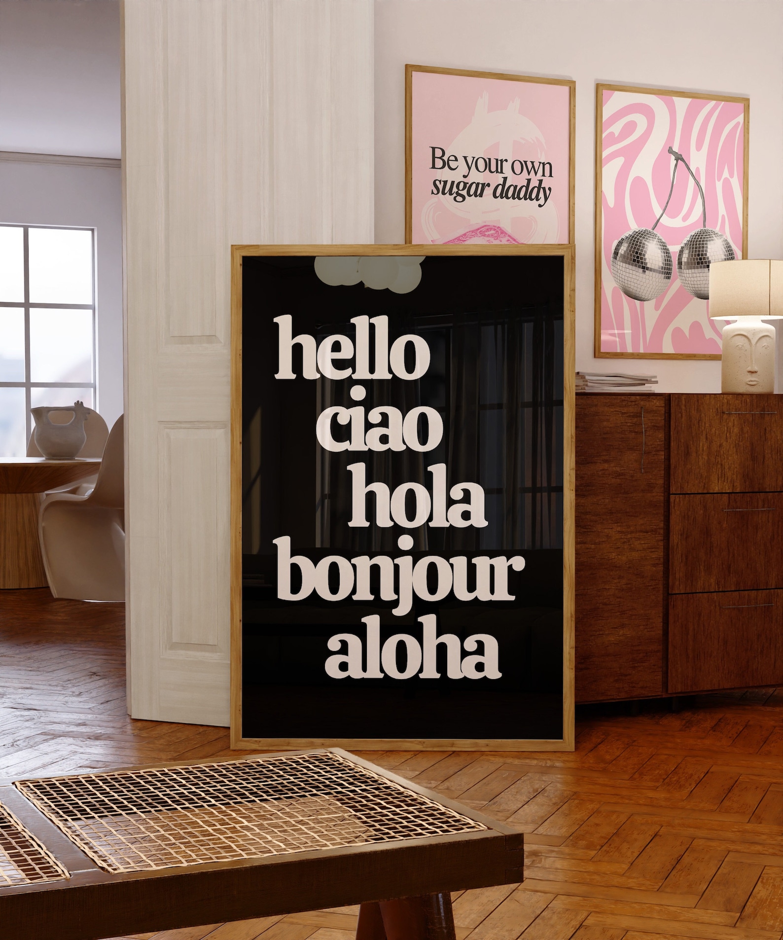 Black and White Print Hello Ciao Hola Bonjour Aloha Typography Poster ...