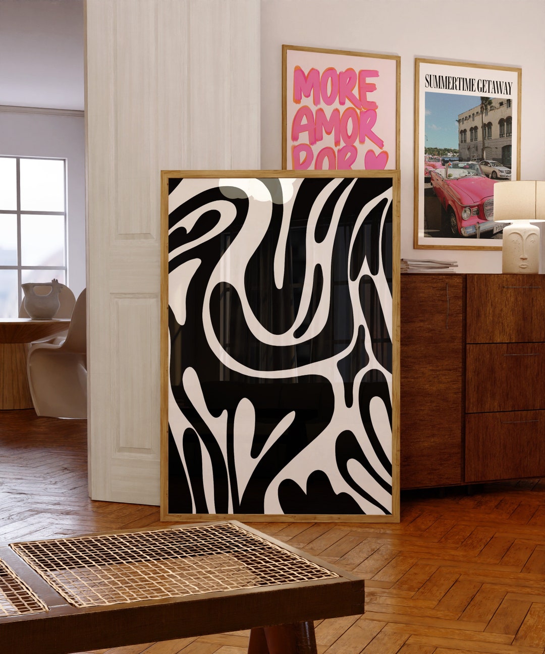 Black and White Abstract Print Retro Trendy Wall Art Funky Groovy ...