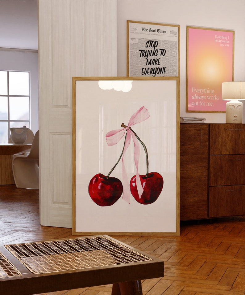 Cherry Bow Print Girly Trendy Print, Coquette Pink Bow, Feminine Poster ...