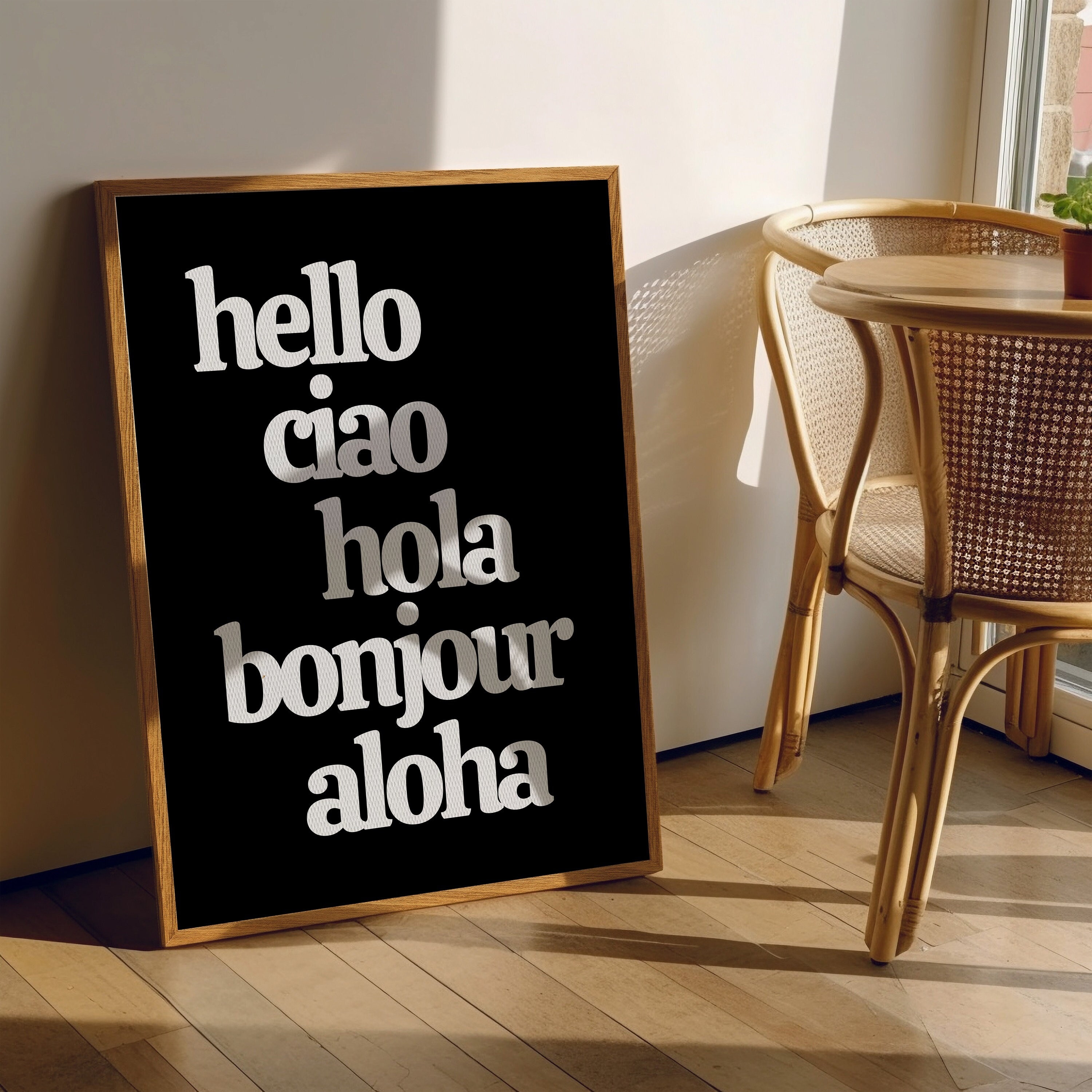 Black and White Print Hello Ciao Hola Bonjour Aloha Typography Poster ...