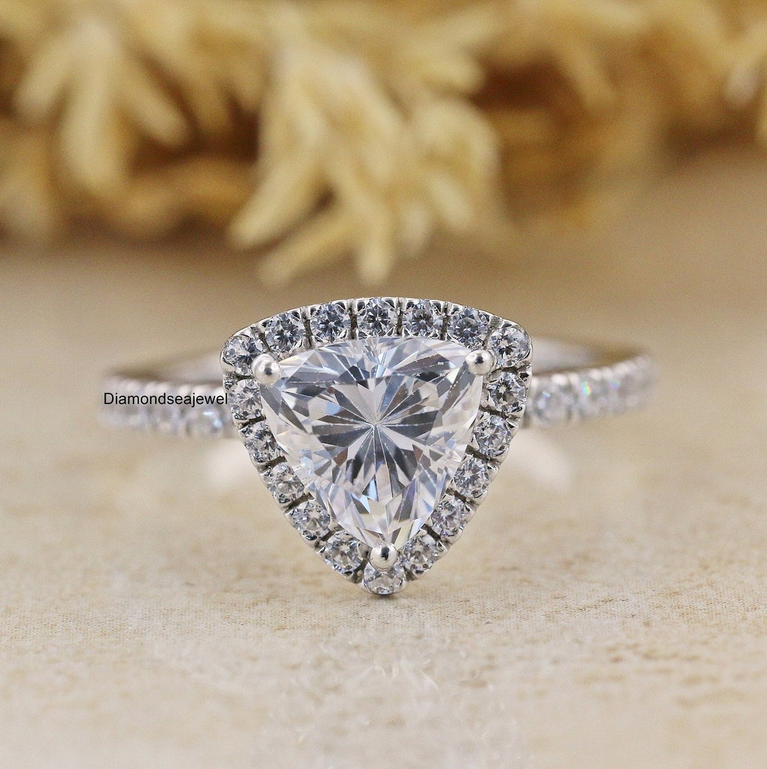 Trilliant Cut Diamond Engagement Ring, Halo Ring. Solitaire With Accent Ring, Trilliant Cut ...