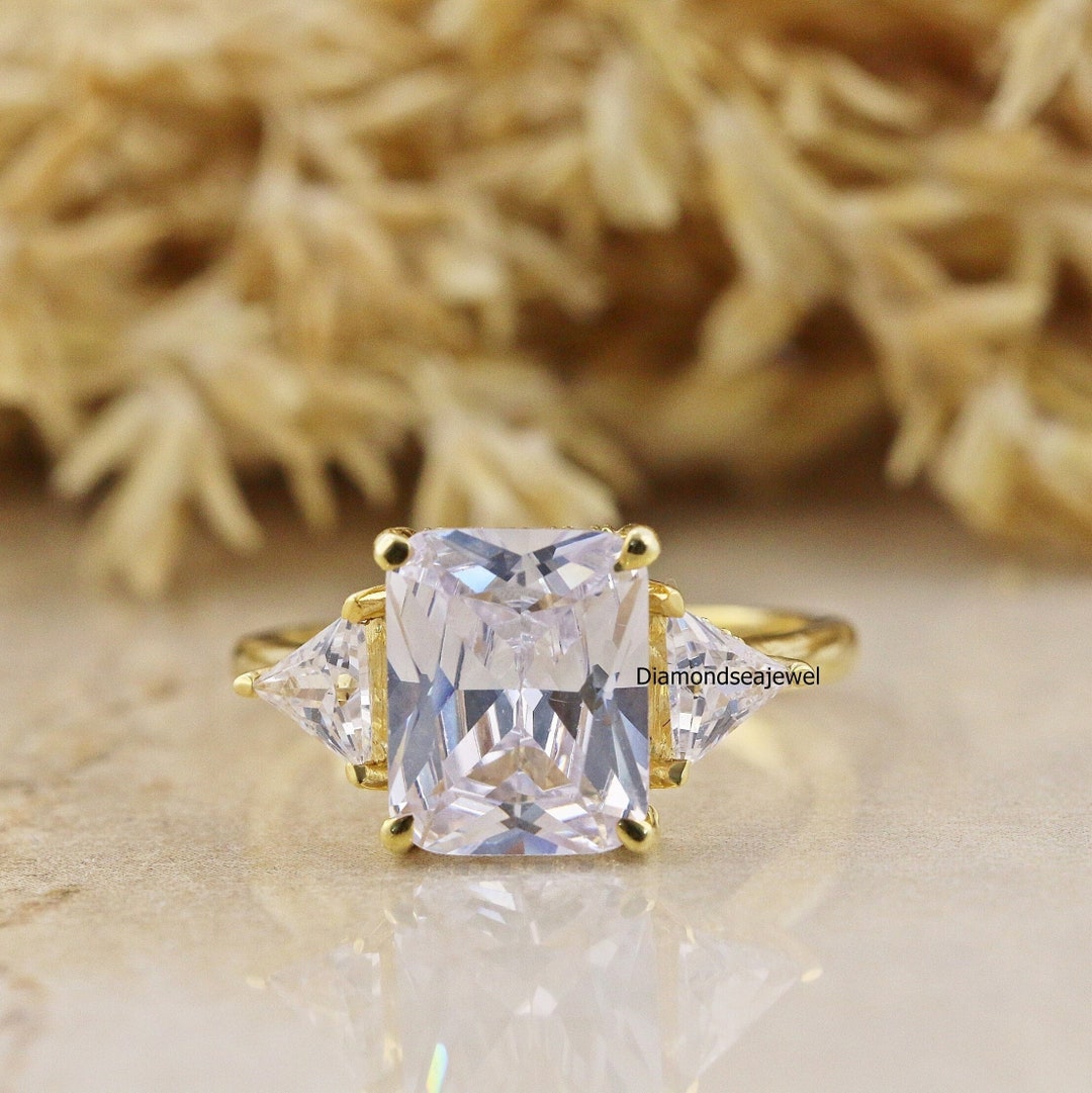 Three Stone Ring, Radiant & Trilliant Cut Diamond Engagement Ring ...