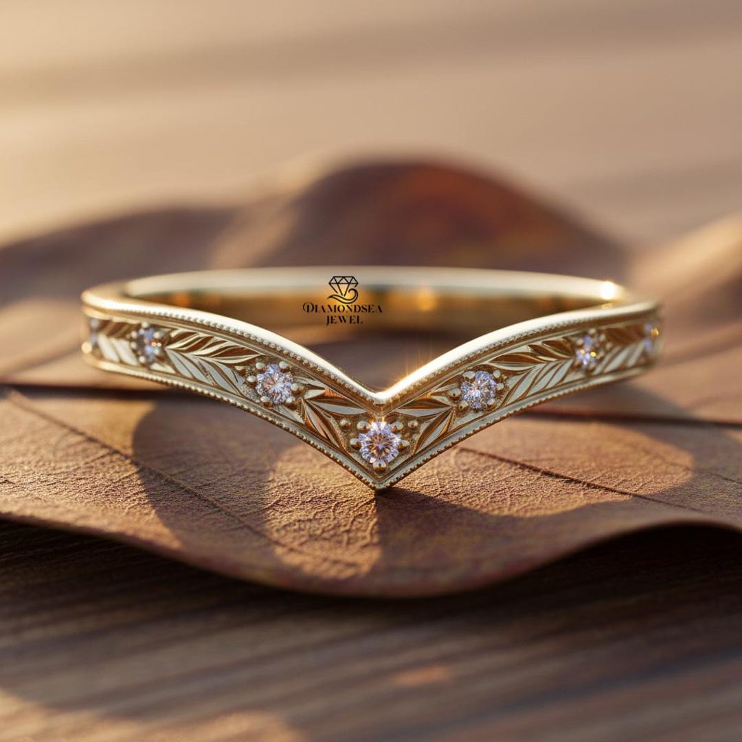 Edwardian Wedding Band, Scroll Work Chevron Band, Stackable Milgrain ...