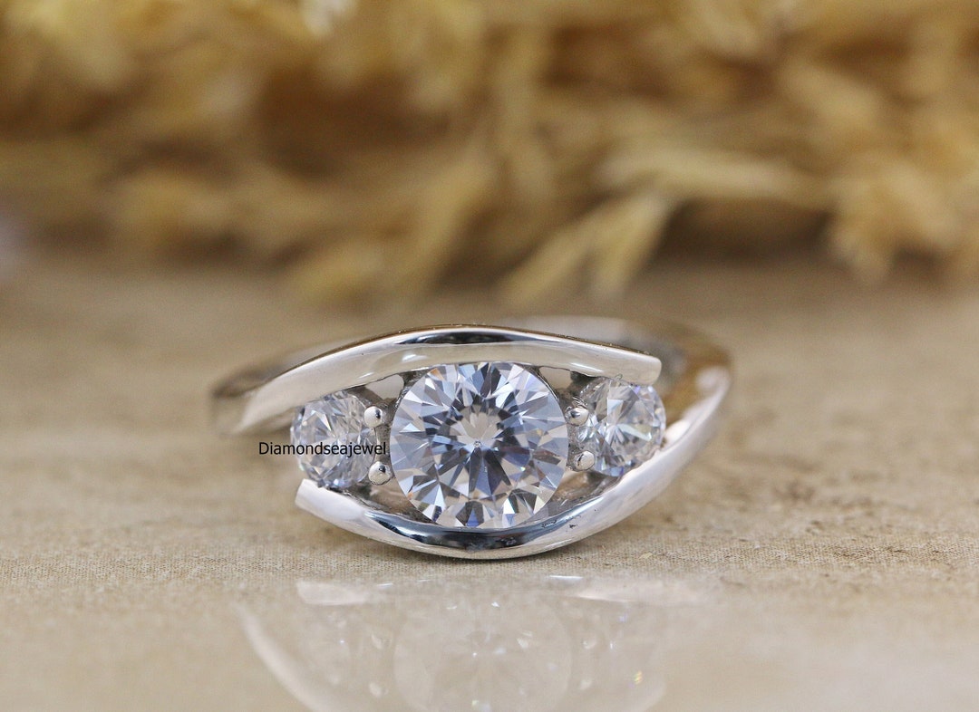 Trilogy Ring Tension Set Ring Round Colorless Moissanite - Etsy